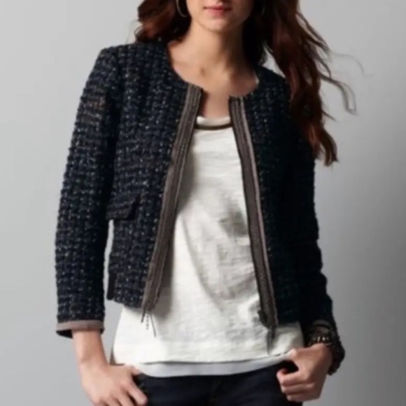 LOFT | Jackets & Coats | Loft Tweed Blazer Bomber Jacket Navy Blue Tan ...